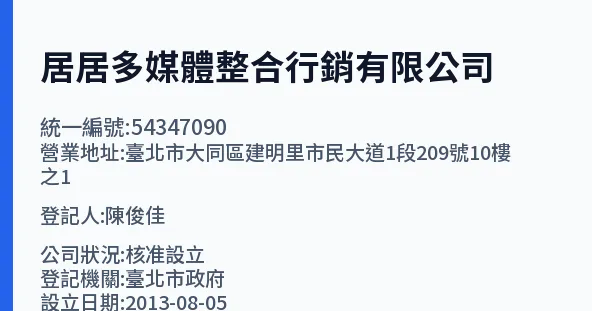 居居多媒體整合行銷有限公司的照片-統編 54347090(臺北市) 公司登記資料與營業項目詳細圖表