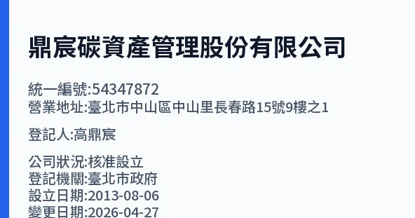 鼎宸碳資產管理股份有限公司的照片-統編 54347872(臺北市) 公司登記資料與營業項目詳細圖表