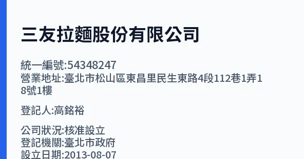 三友拉麵股份有限公司的照片-統編 54348247(臺北市) 公司登記資料與營業項目詳細圖表