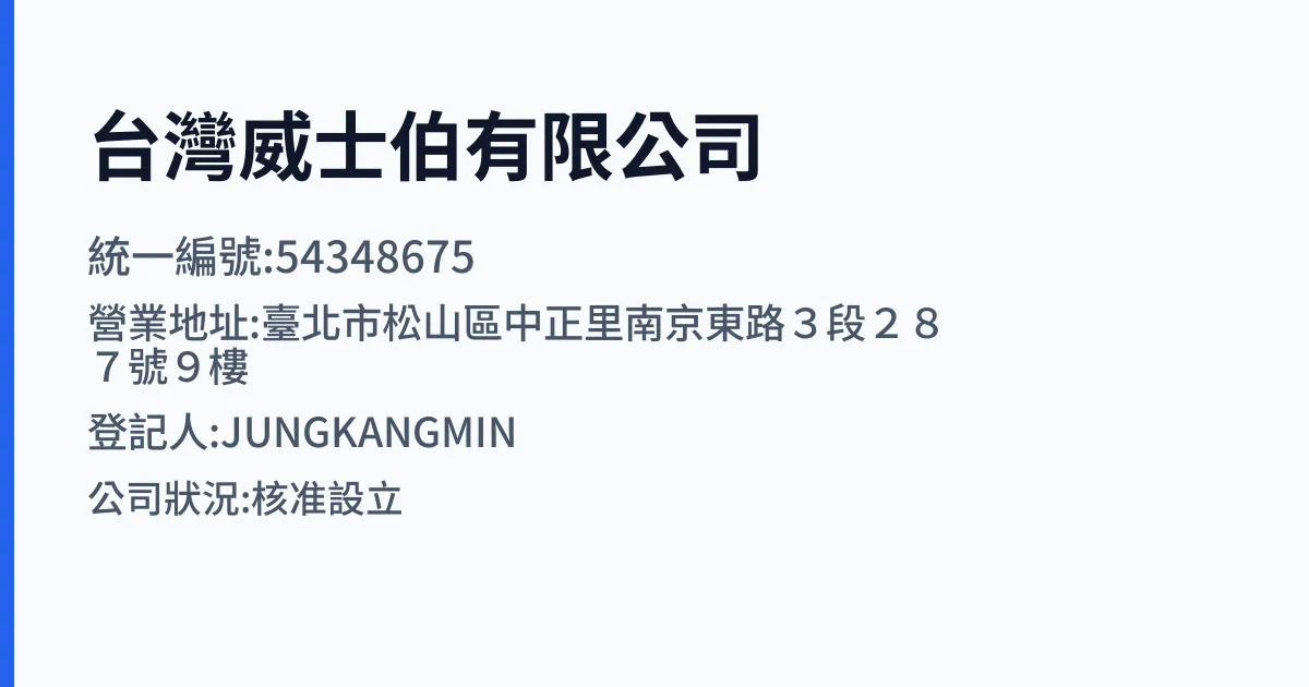 台灣威士伯有限公司 - 統編 54348675(臺北市) 公司登記資料與營業項目詳細圖表