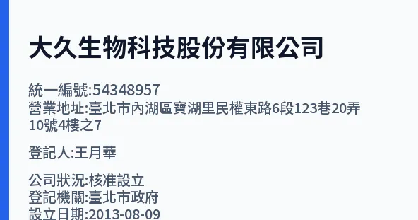 大久生物科技股份有限公司的照片-統編 54348957(臺北市) 公司登記資料與營業項目詳細圖表