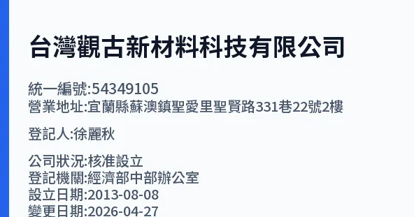 台灣觀古新材料科技有限公司的照片-統編 54349105(宜蘭縣) 公司登記資料與營業項目詳細圖表