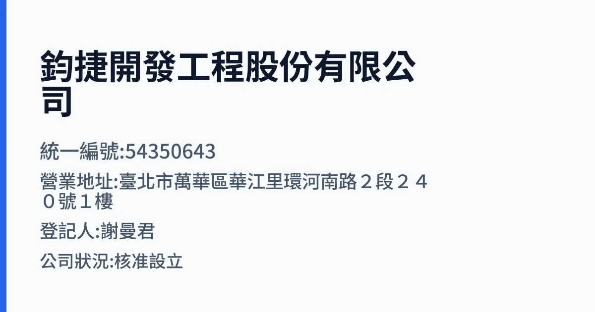 鈞捷開發工程股份有限公司 - 統編 54350643(臺北市) 公司登記資料與營業項目詳細圖表