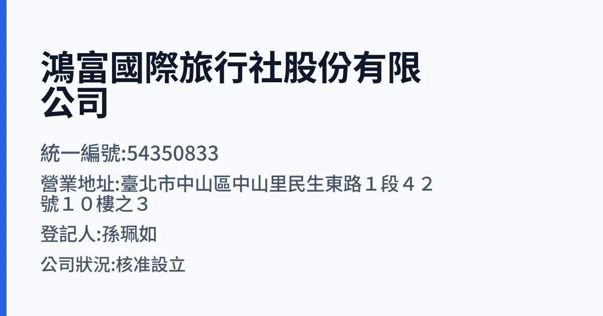 鴻富國際旅行社股份有限公司 - 統編 54350833(臺北市) 公司登記資料與營業項目詳細圖表