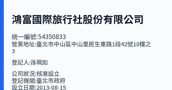 鴻富國際旅行社股份有限公司的照片-統編 54350833(臺北市) 公司登記資料與營業項目詳細圖表