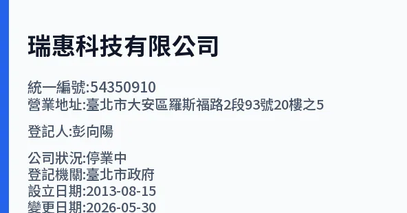 瑞惠科技有限公司的照片-統編 54350910(臺北市) 公司登記資料與營業項目詳細圖表
