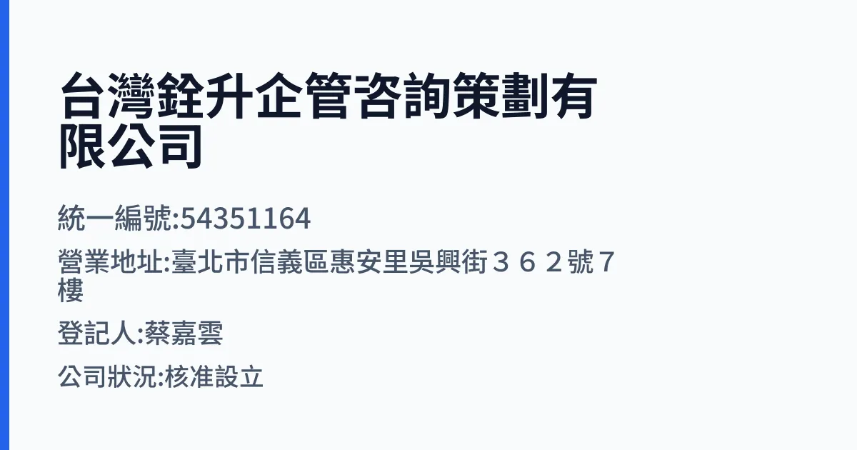 台灣銓升企管咨詢策劃有限公司 - 統編 54351164(臺北市) 公司登記資料與營業項目詳細圖表