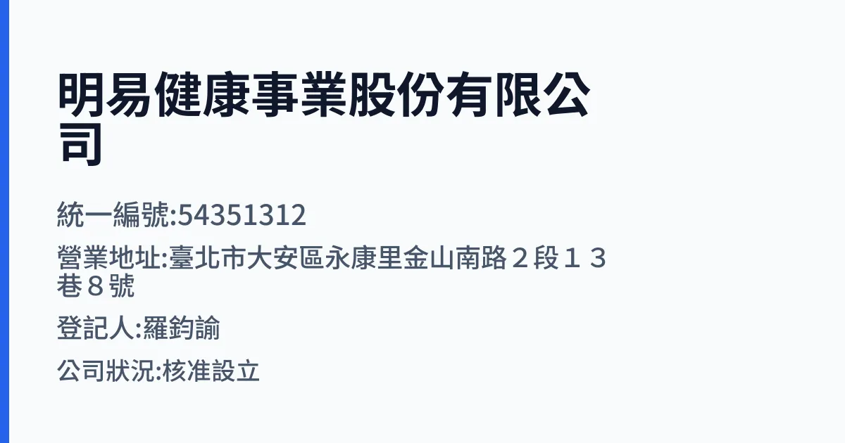 明易健康事業股份有限公司 - 統編 54351312(臺北市) 公司登記資料與營業項目詳細圖表