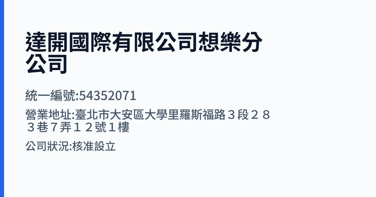 達開國際有限公司想樂分公司 - 統編 54352071(臺北市) 公司登記資料與營業項目詳細圖表
