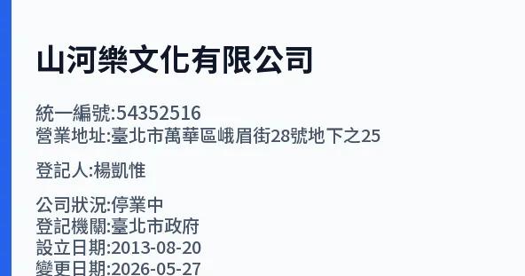 山河樂文化有限公司的照片-統編 54352516(臺北市) 公司登記資料與營業項目詳細圖表