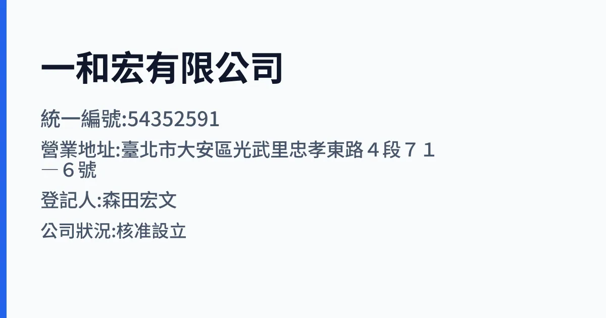 一和宏有限公司 - 統編 54352591(臺北市) 公司登記資料與營業項目詳細圖表