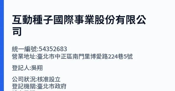 互動種子國際事業股份有限公司的照片-統編 54352683(臺北市) 公司登記資料與營業項目詳細圖表