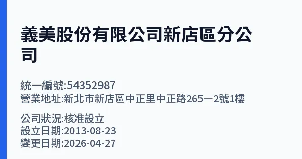 義美股份有限公司新店區分公司的照片-統編 54352987(新北市) 公司登記資料與營業項目詳細圖表