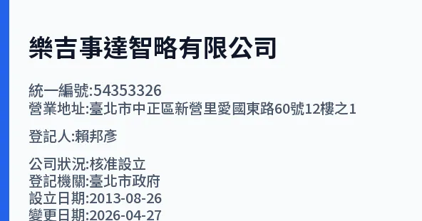 樂吉事達智略有限公司的照片-統編 54353326(臺北市) 公司登記資料與營業項目詳細圖表