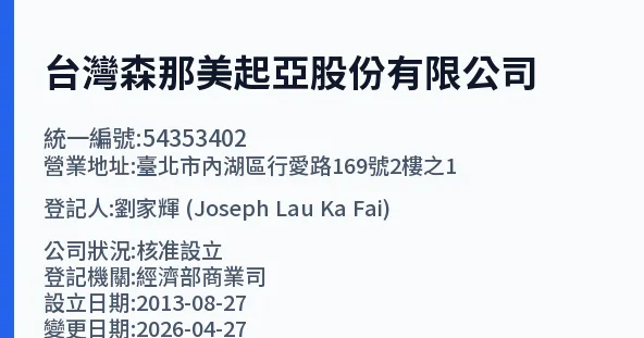 台灣森那美起亞股份有限公司的照片-統編 54353402(臺北市) 公司登記資料與營業項目詳細圖表