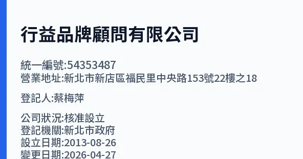 行益品牌顧問有限公司的照片-統編 54353487(新北市) 公司登記資料與營業項目詳細圖表
