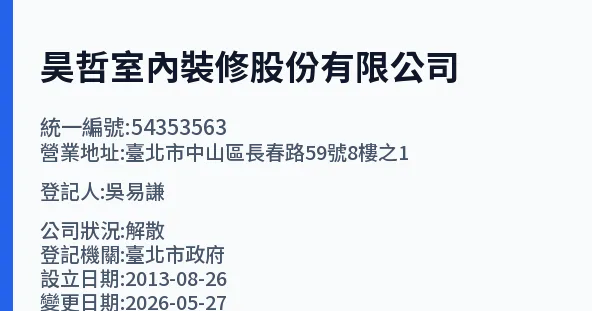 昊哲室內裝修股份有限公司的照片-統編 54353563(臺北市) 公司登記資料與營業項目詳細圖表