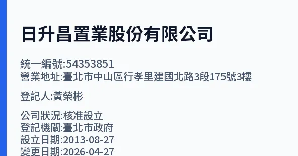 日升昌置業股份有限公司的照片-統編 54353851(臺北市) 公司登記資料與營業項目詳細圖表