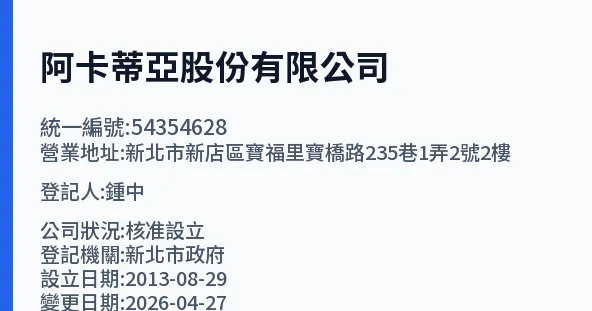 阿卡蒂亞股份有限公司的照片-統編 54354628(新北市) 公司登記資料與營業項目詳細圖表