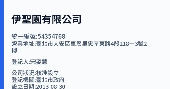 伊聖園有限公司的照片-統編 54354768(臺北市) 公司登記資料與營業項目詳細圖表
