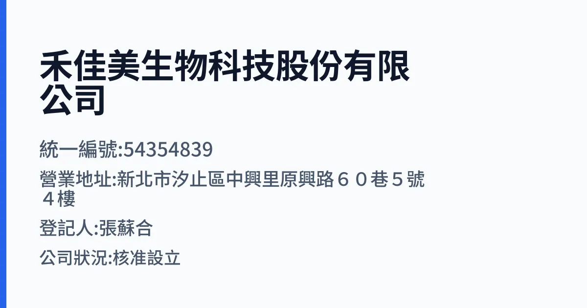 禾佳美生物科技股份有限公司 - 統編 54354839(新北市) 公司登記資料與營業項目詳細圖表