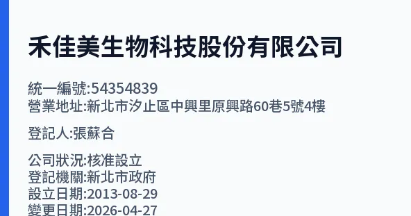 禾佳美生物科技股份有限公司的照片-統編 54354839(新北市) 公司登記資料與營業項目詳細圖表