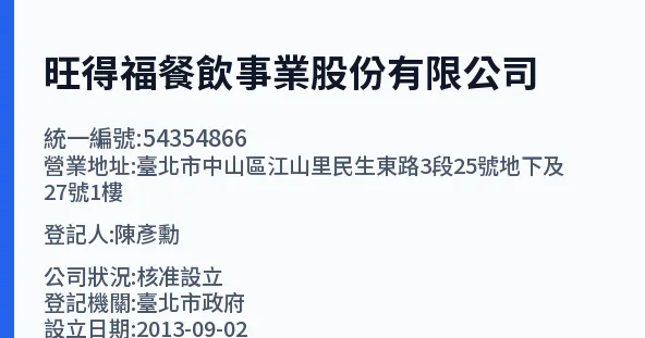 旺得福餐飲事業股份有限公司的照片-統編 54354866(臺北市) 公司登記資料與營業項目詳細圖表