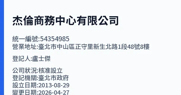杰倫商務中心有限公司的照片-統編 54354985(臺北市) 公司登記資料與營業項目詳細圖表