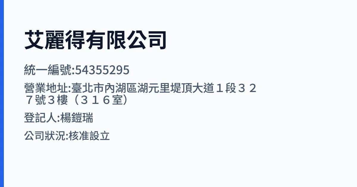 艾麗得有限公司 - 統編 54355295(臺北市) 公司登記資料與營業項目詳細圖表