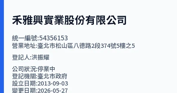 禾雅興實業股份有限公司的照片-統編 54356153(臺北市) 公司登記資料與營業項目詳細圖表