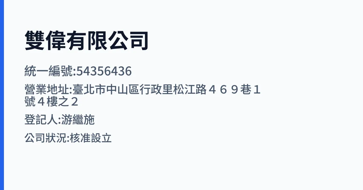 雙偉有限公司 - 統編 54356436(臺北市) 公司登記資料與營業項目詳細圖表