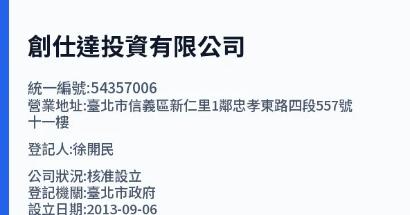 創仕達投資有限公司的照片-統編 54357006(臺北市) 公司登記資料與營業項目詳細圖表
