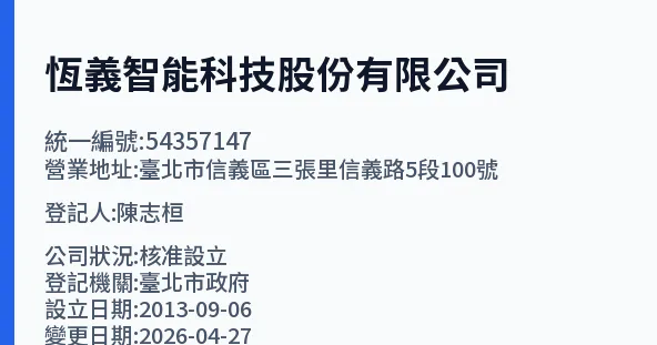 恆義智能科技股份有限公司的照片-統編 54357147(臺北市) 公司登記資料與營業項目詳細圖表
