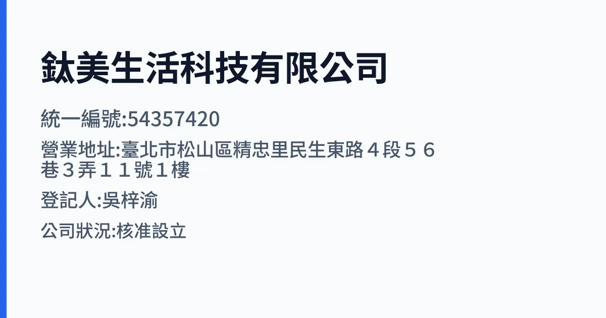 鈦美生活科技有限公司 - 統編 54357420(臺北市) 公司登記資料與營業項目詳細圖表