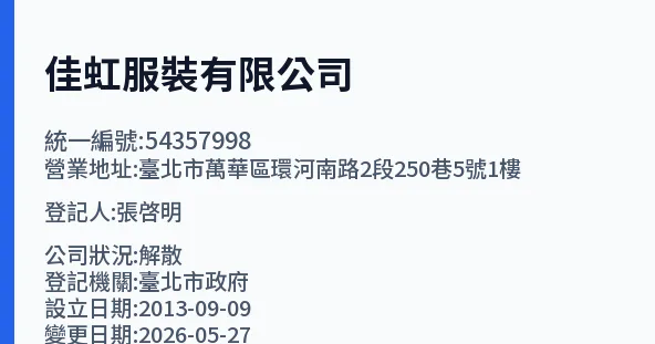 佳虹服裝有限公司的照片-統編 54357998(臺北市) 公司登記資料與營業項目詳細圖表
