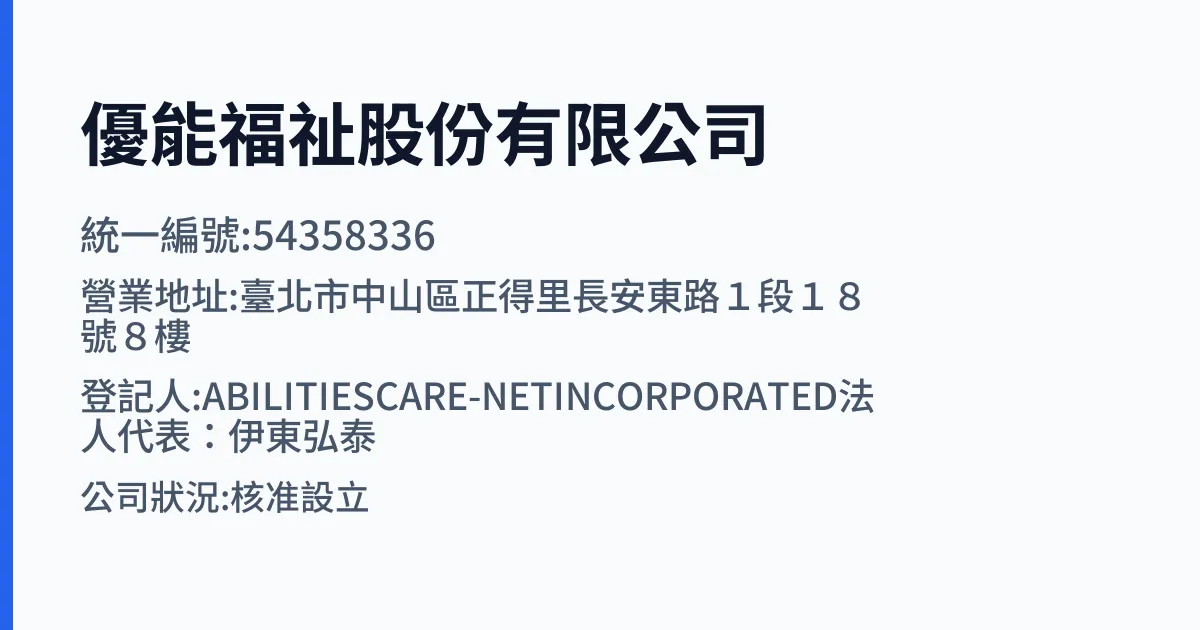 優能福祉股份有限公司 - 統編 54358336(臺北市) 公司登記資料與營業項目詳細圖表