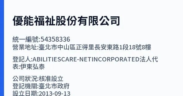 優能福祉股份有限公司的照片-統編 54358336(臺北市) 公司登記資料與營業項目詳細圖表