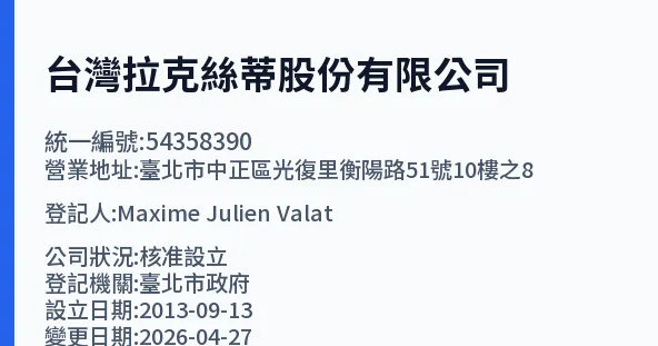 台灣拉克絲蒂股份有限公司的照片-統編 54358390(臺北市) 公司登記資料與營業項目詳細圖表
