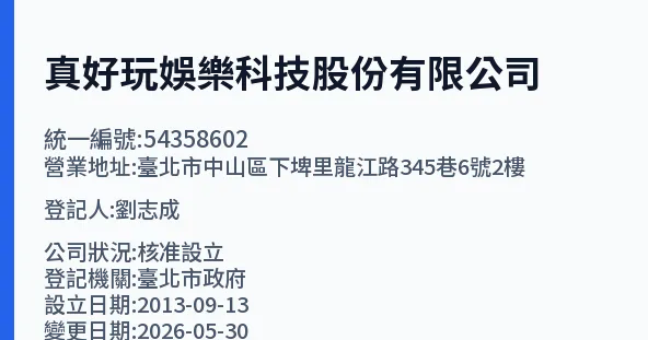 真好玩娛樂科技股份有限公司的照片-統編 54358602(臺北市) 公司登記資料與營業項目詳細圖表