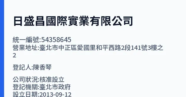 日盛昌國際實業有限公司的照片-統編 54358645(臺北市) 公司登記資料與營業項目詳細圖表