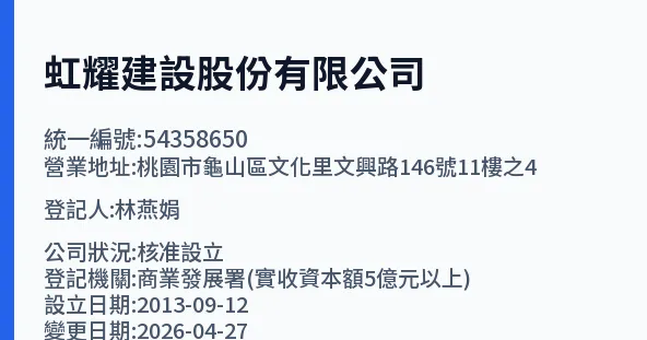 虹耀建設股份有限公司的照片-統編 54358650(桃園市) 公司登記資料與營業項目詳細圖表