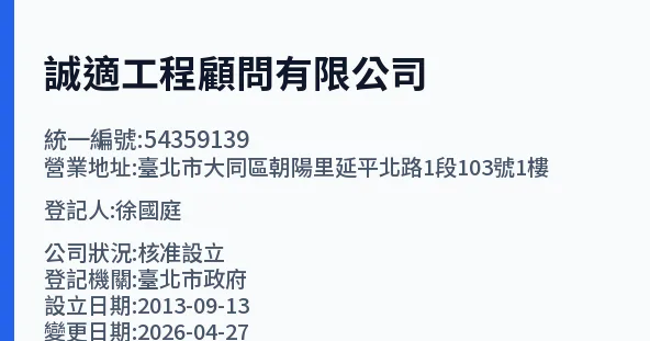 誠適工程顧問有限公司的照片-統編 54359139(臺北市) 公司登記資料與營業項目詳細圖表