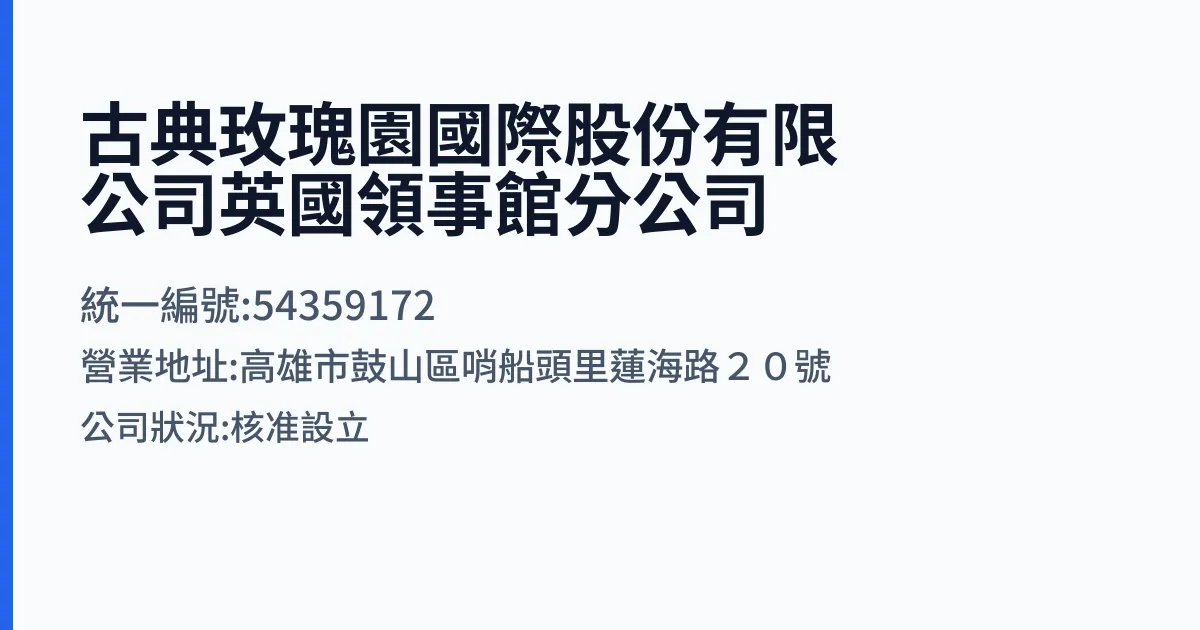古典玫瑰園國際股份有限公司英國領事館分公司 - 統編 54359172(高雄市) 公司登記資料與營業項目詳細圖表