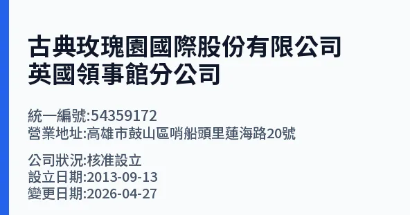 古典玫瑰園國際股份有限公司英國領事館分公司的照片-統編 54359172(高雄市) 公司登記資料與營業項目詳細圖表