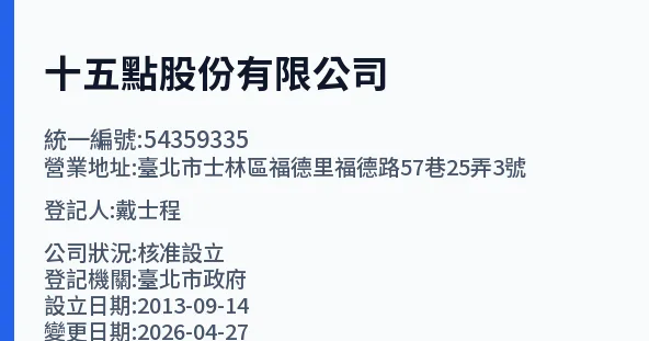 十五點股份有限公司的照片-統編 54359335(臺北市) 公司登記資料與營業項目詳細圖表