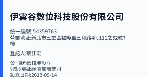 伊雲谷數位科技股份有限公司的照片-統編 54359763(新北市) 公司登記資料與營業項目詳細圖表