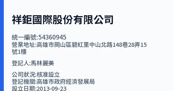 祥鉅國際股份有限公司的照片-統編 54360945(高雄市) 公司登記資料與營業項目詳細圖表