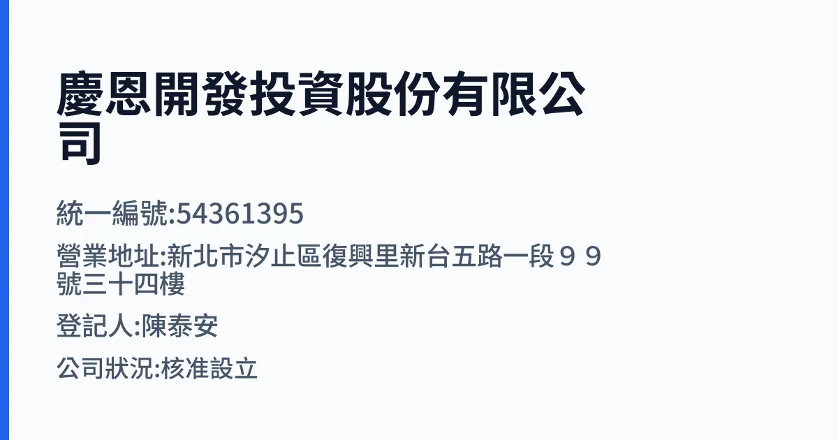 慶恩開發投資股份有限公司 - 統編 54361395(新北市) 公司登記資料與營業項目詳細圖表