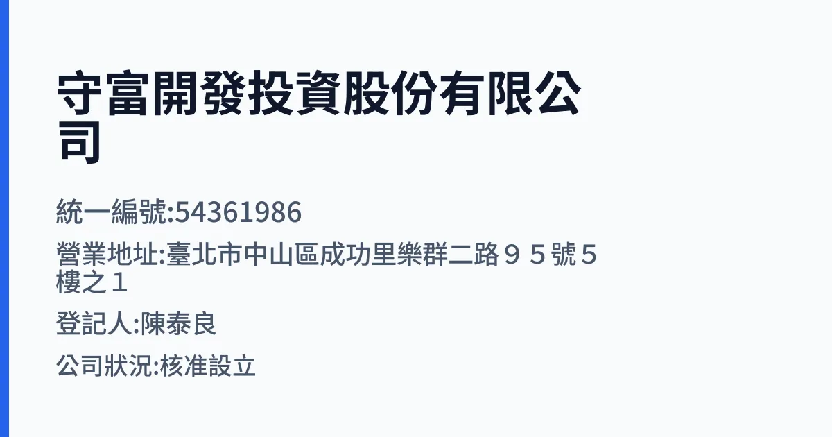 守富開發投資股份有限公司 - 統編 54361986(臺北市) 公司登記資料與營業項目詳細圖表