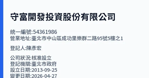 守富開發投資股份有限公司的照片-統編 54361986(臺北市) 公司登記資料與營業項目詳細圖表
